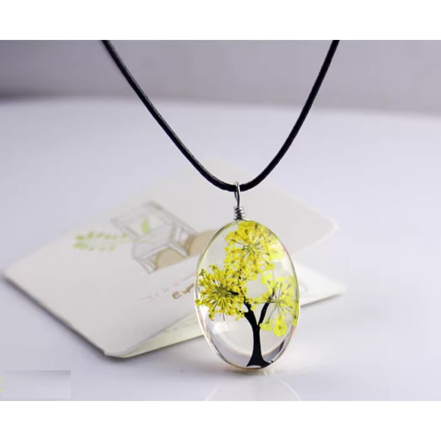 Colier cu pandantiv din cristal artificial, floare uscata, galben, 3cm ...