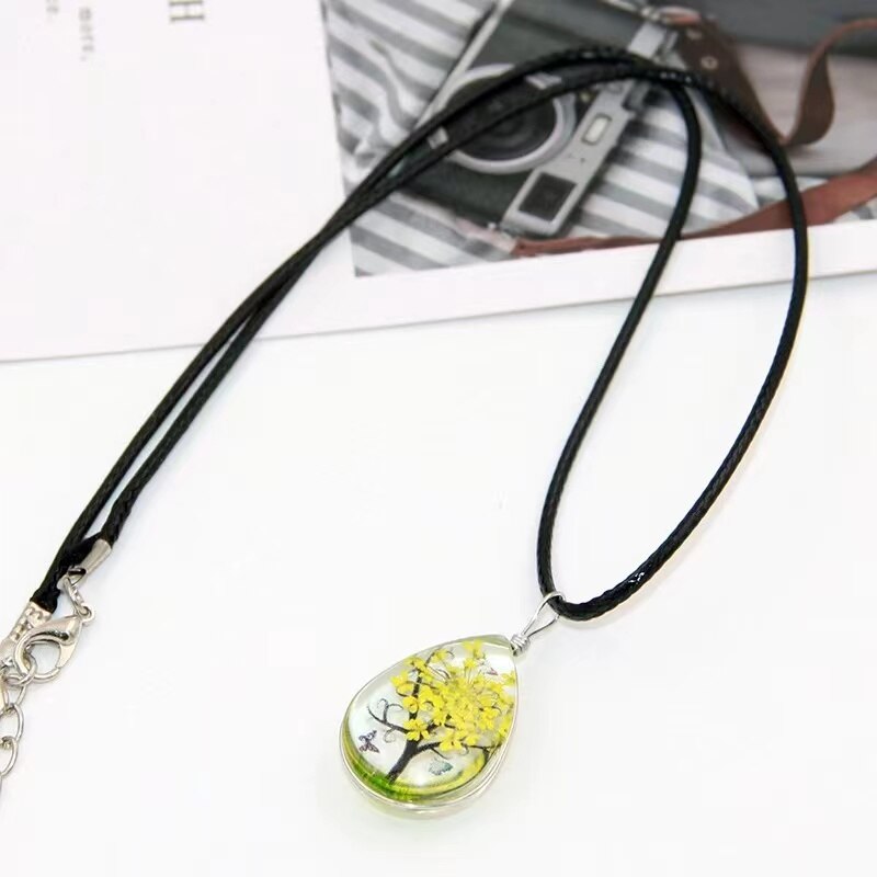 Colier cu pandantiv din cristal artificial, floare uscata, galben, 3cm ...