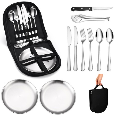 Set vesela camping 10 piese pentru 2 persoane, ustensile din inox ...