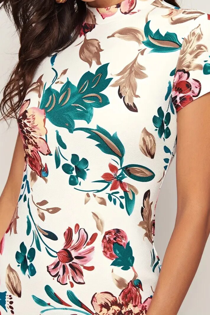 Rochie de vara cu flori, maneci scurte, deasupra de genunchi, marimea M ...