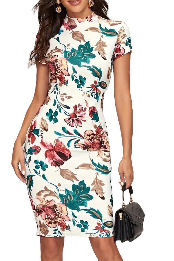 Rochie de vara cu flori, maneci scurte, deasupra de genunchi, marimea M ...