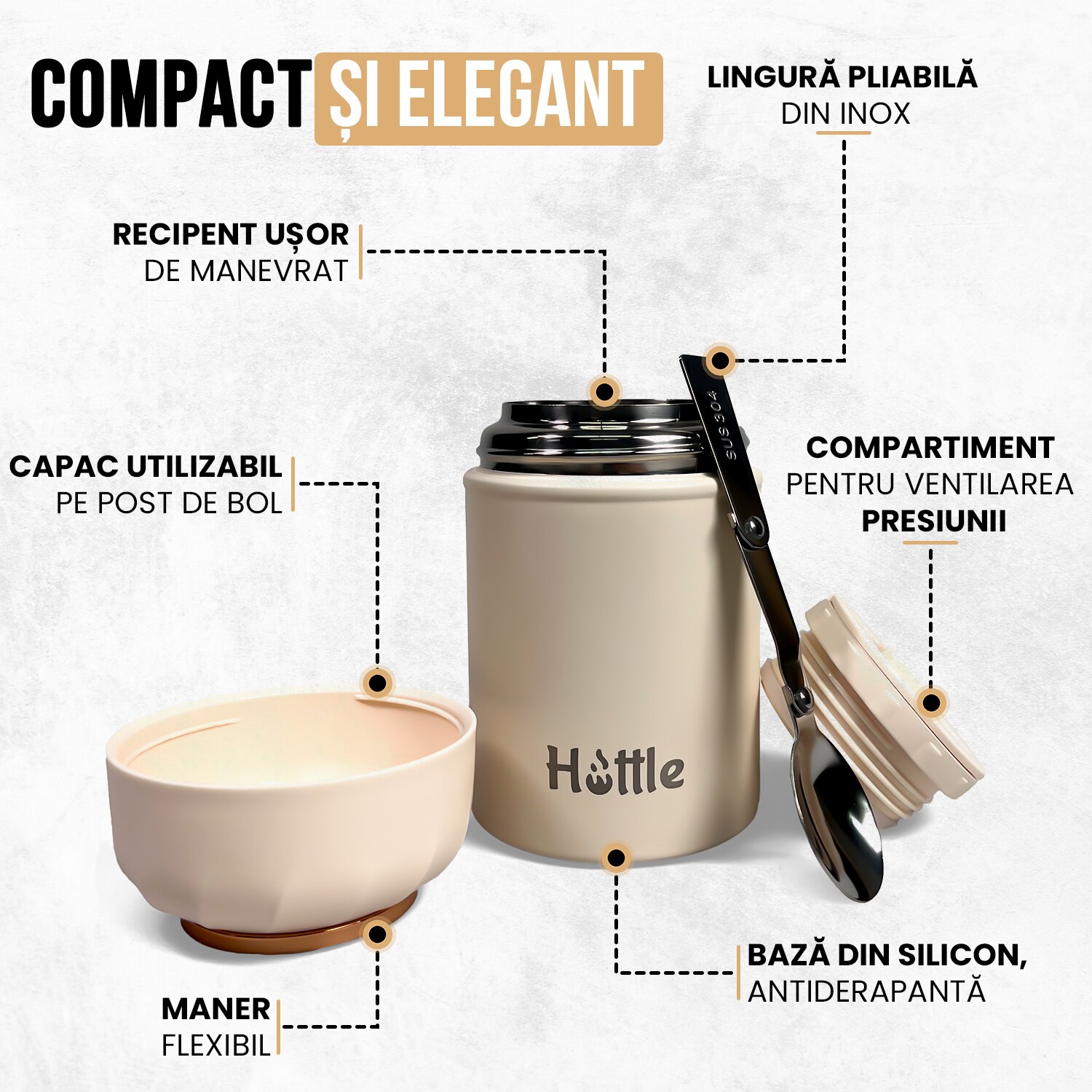 Caserola Alimentara HOTTLE™, 850 ml, Inox Etans, Design Ergonomic si ...