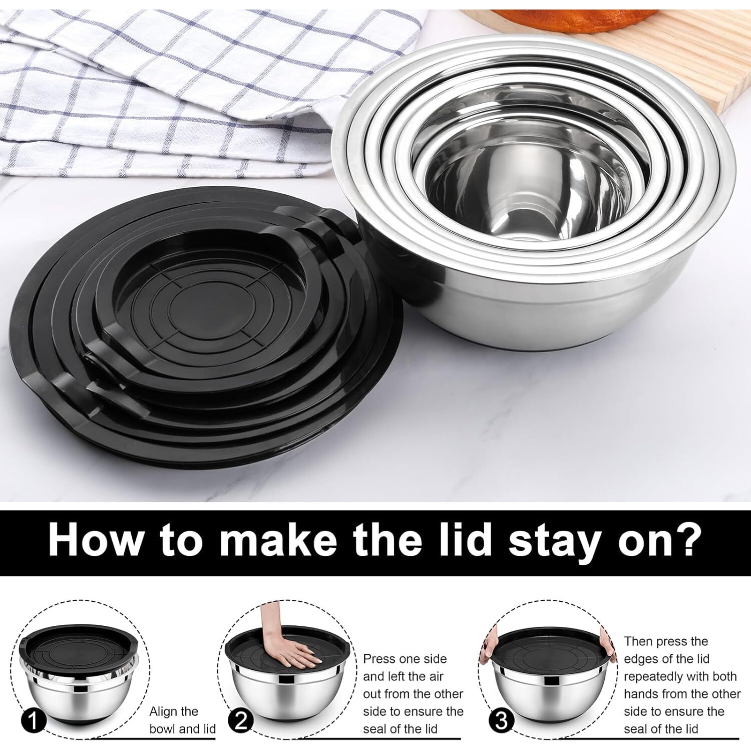 Set 5 boluri din otel inoxidabil Wacorresi, 5 dimensiuni, baza din silicon, capac etans, colorat ...