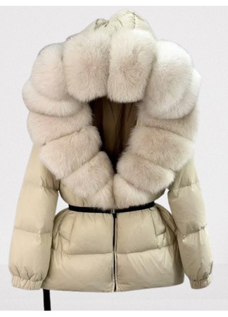 Geaca dama, blana naturala, Bej/Alb, S-M - eMAG.ro