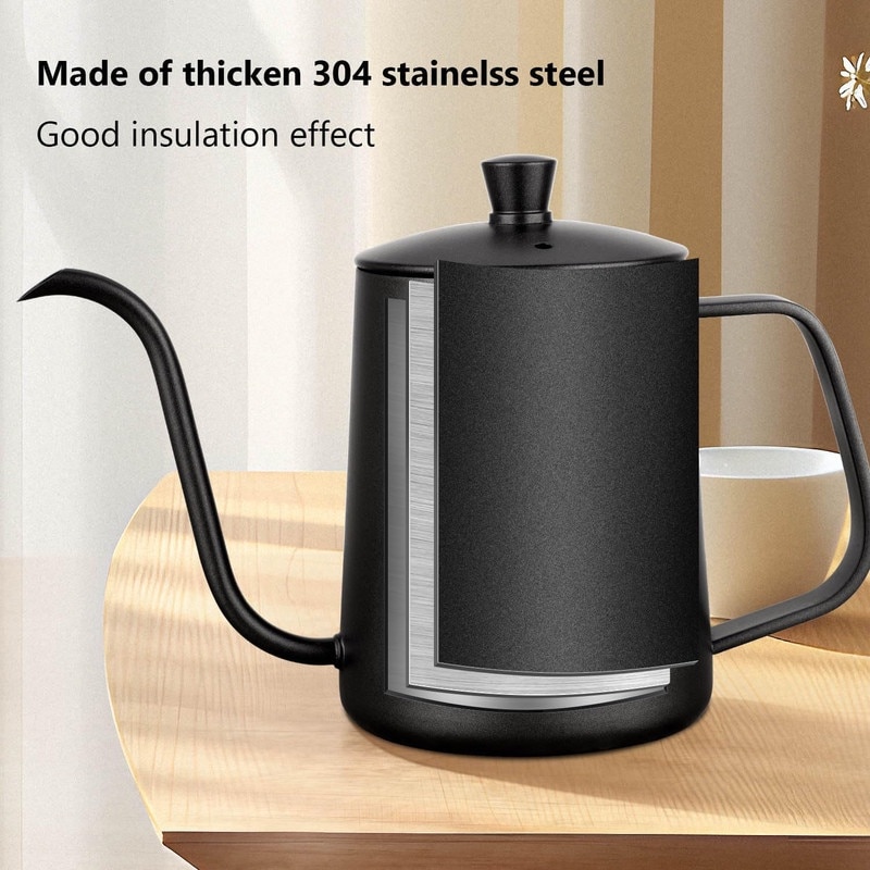 Caldare pentru cafea cu gat lung, 600ml, inox 304, neagra, pentru ...
