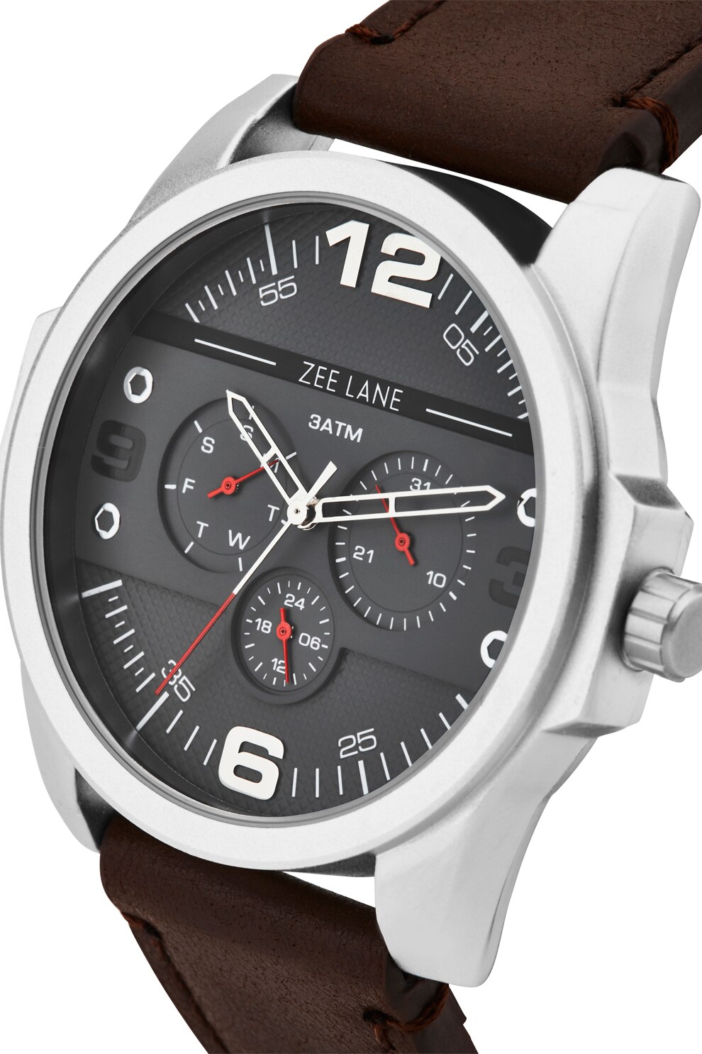 Zee Lane Collection, Мултифункционален часовник с кожена каишка, Кафяв ...
