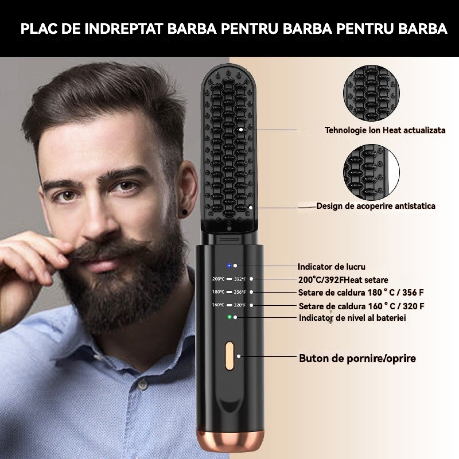 Perie electrica pentru barba si placa de indreptat parul fara fir, 2 in ...