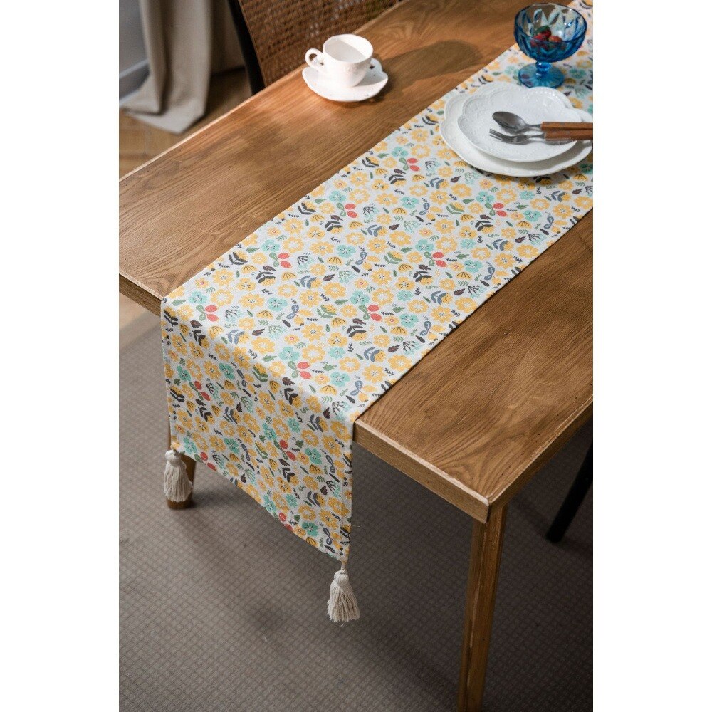 Fete de masa Wisolt, imprimeu retro, flori galbene, 33x180cm - eMAG.ro