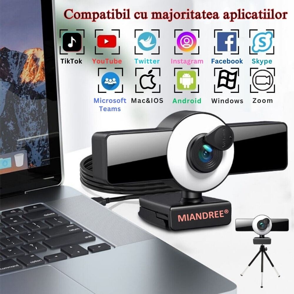 Camera Web MIANDREE®, 4K Full HD, Auto-Focus, Microfon Dual Stereo ...
