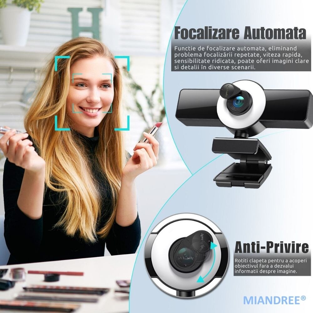 Camera Web MIANDREE®, 4K Full HD, Auto-Focus, Microfon Dual Stereo ...