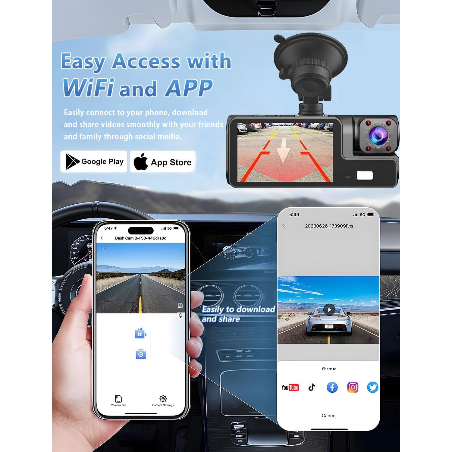 Camera auto DVR, Cu trei camere, Wi-Fi, Full-HD 1080P, Mod Parcare ...