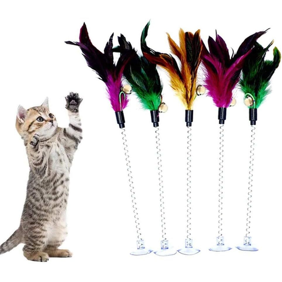 Set 5 Jucarii Interactive pentru Pisici cu Suport cu Ventuza, Bat cu ...