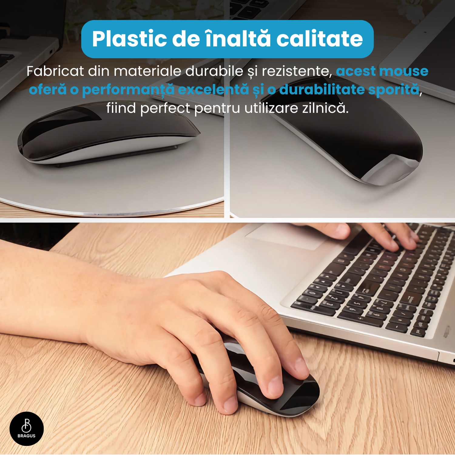 Mouse Wireless cu Gesturi, BRAGUS, Reincarcabil USB-C, Ultra Subtire ...