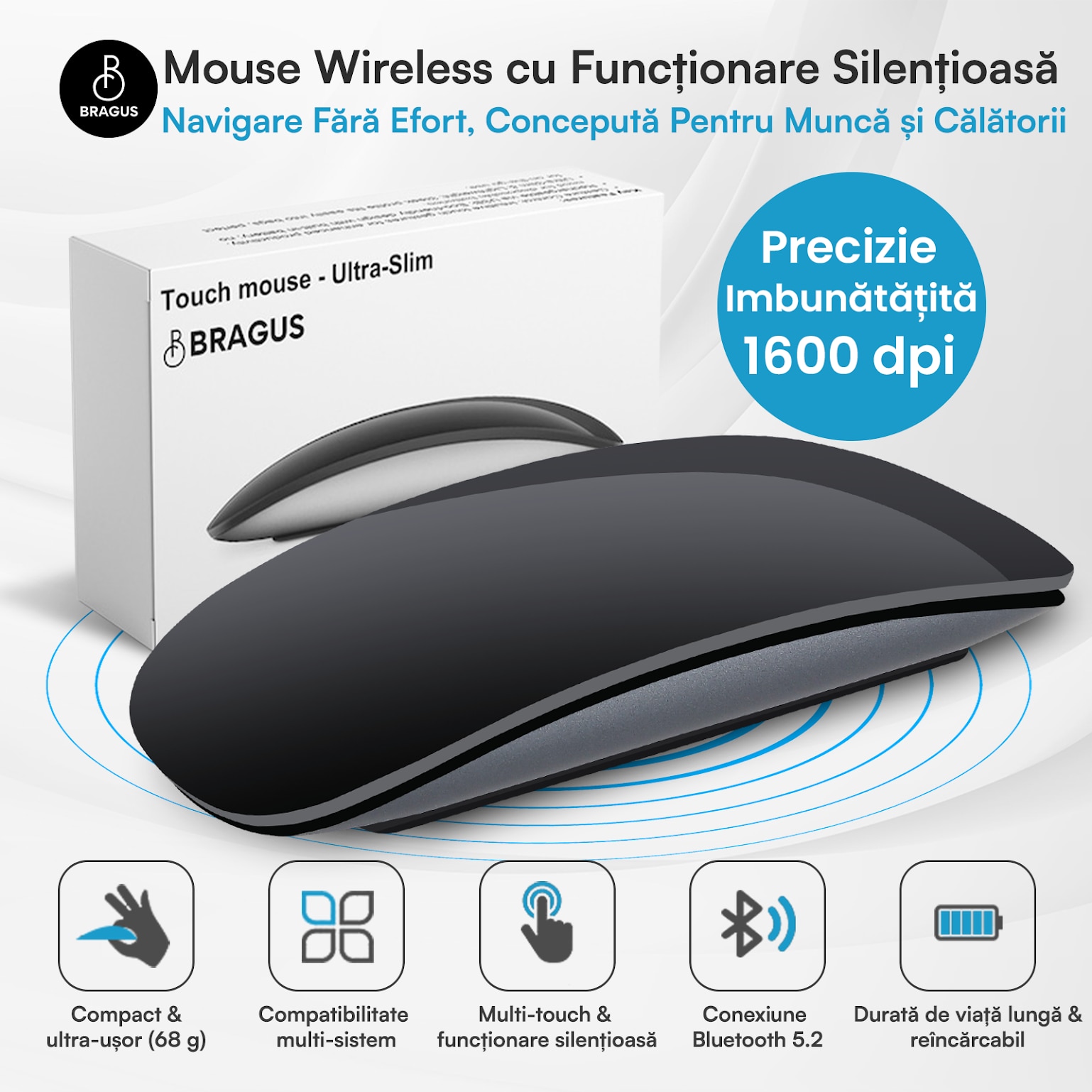 Mouse Wireless cu Gesturi, BRAGUS, Reincarcabil USB-C, Ultra Subtire ...