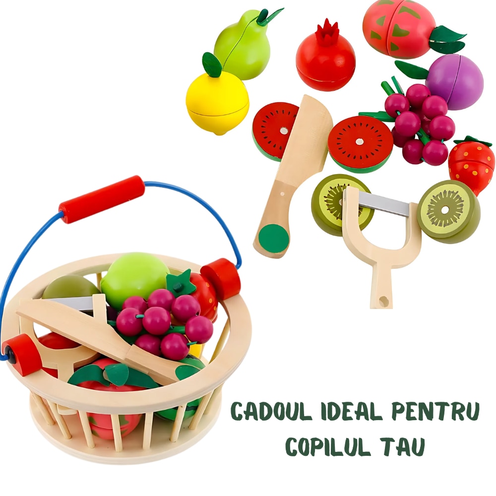Set Cos cu Fructe si accesorii din lemn JOZY®, design pentru copii +2 ...