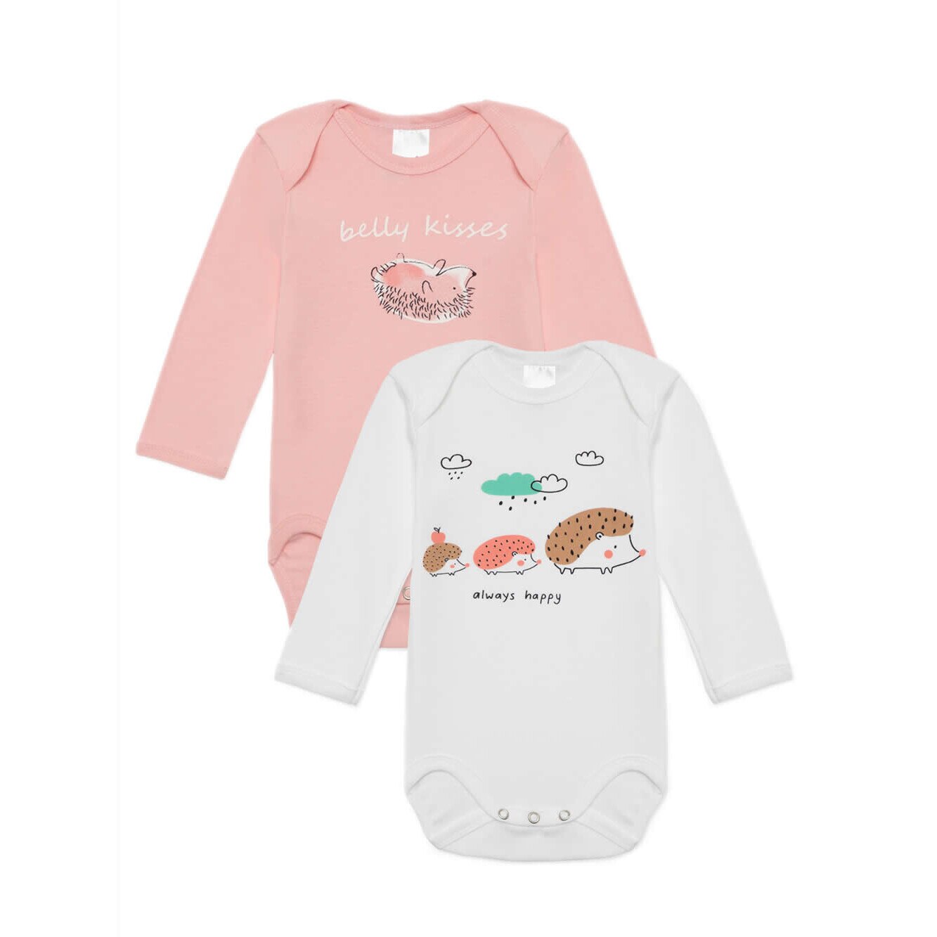 Set 2 body-uri fete Minerva, bumbac organic, maneca lunga, alb/roz, 92 ...