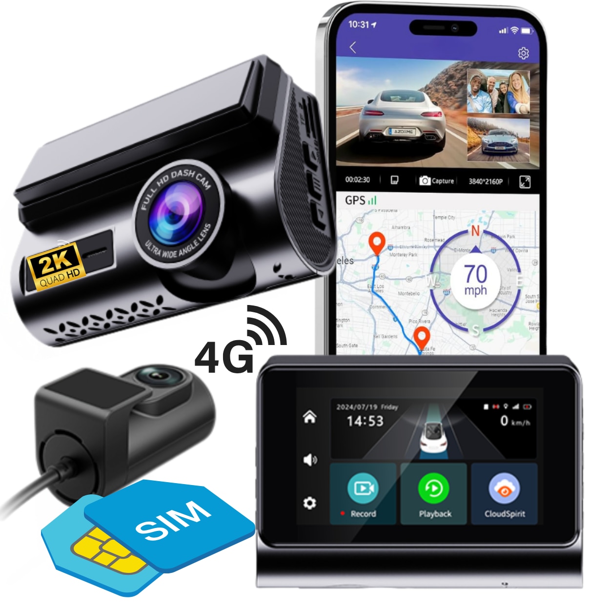 Camera video auto de bord DVR 2K, conexiune 4G cartela SIM, transmisie ...