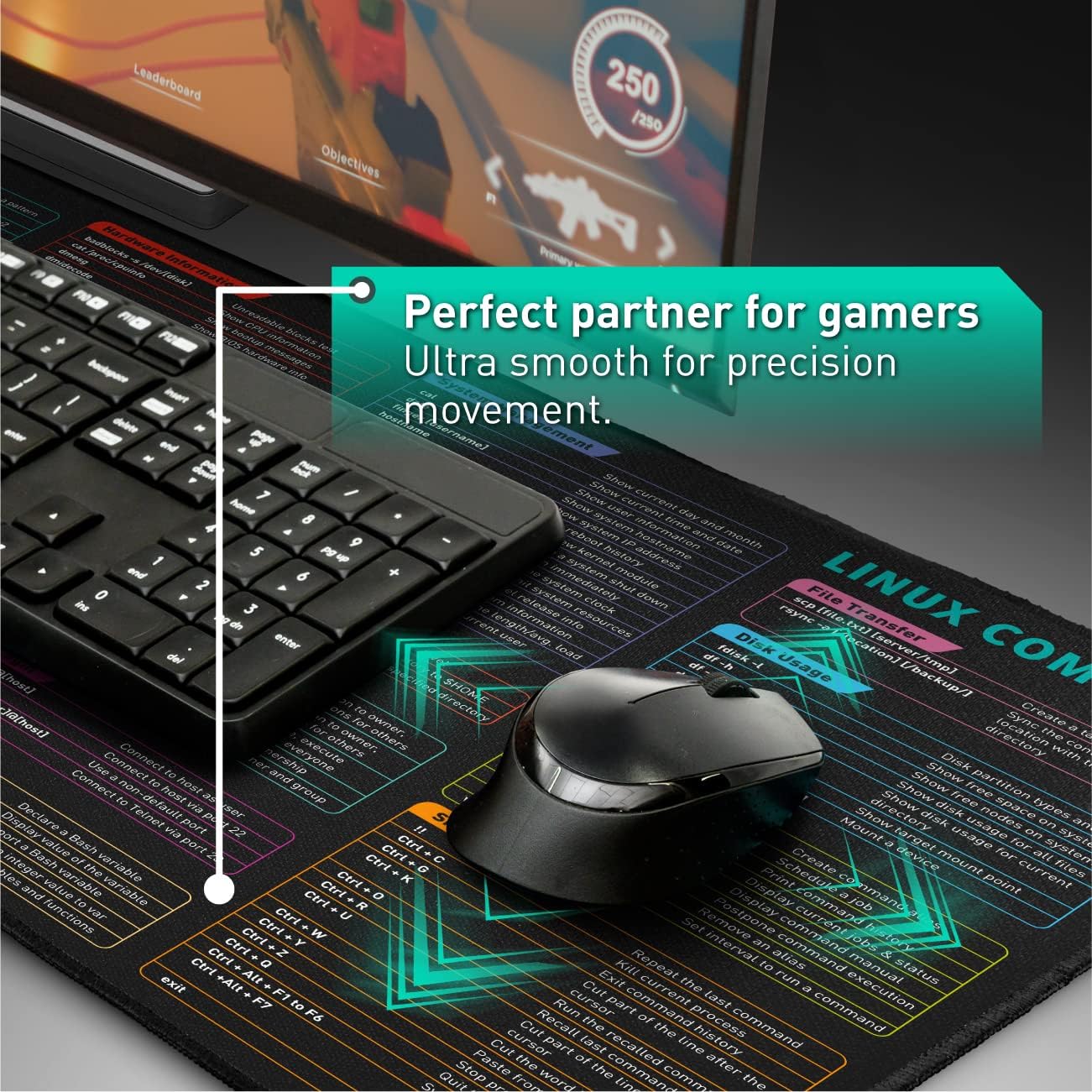 Mousepad gaming pentru tastatura si mouse, Puepoul, 30x80cm, Commands ...