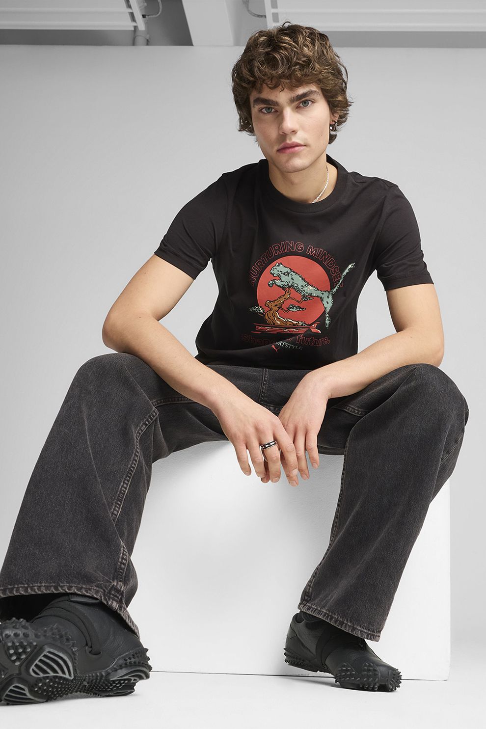 Puma, Tricou de bumbac cu decolteu la baza gatului, Negru, Corai, M ...