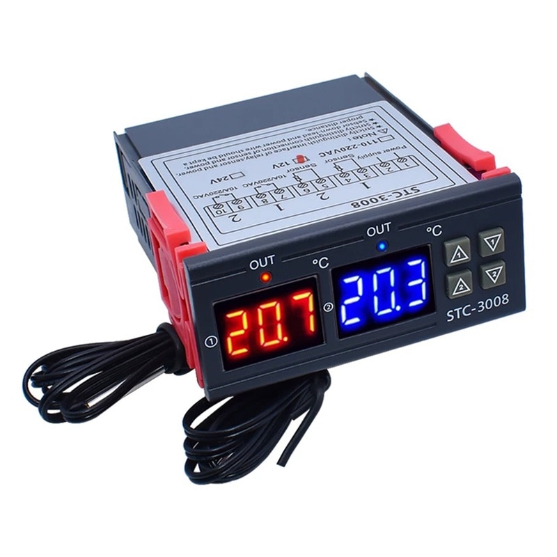 STC-3008 kettős digitális termosztát, hőmérséklet-szabályozó, DC 12V ...