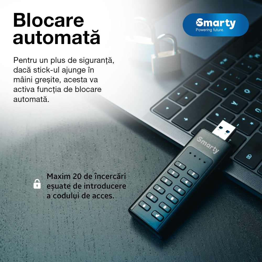 Memorie USB Smarty KeySecure Pro V2, 64GB, USB 3.2, Criptare hardware ...