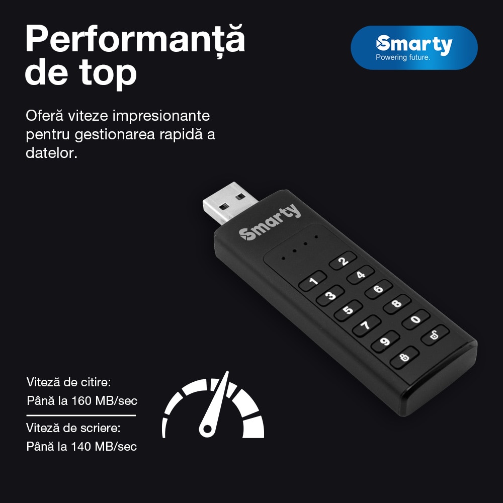 Memorie USB Smarty KeySecure Pro V2, 64GB, USB 3.2, Criptare hardware ...