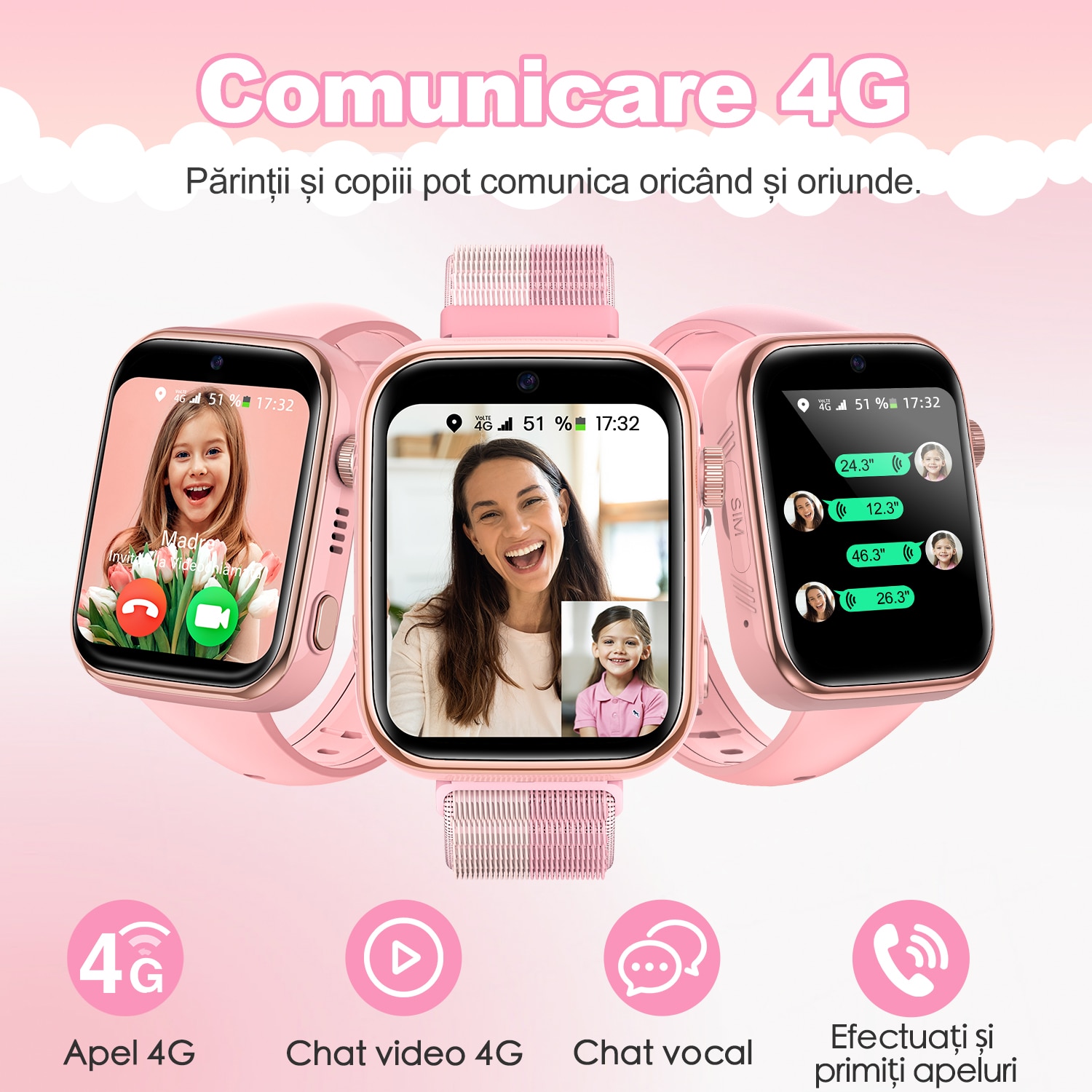 Ceas smartwatch copii 4G GPS FOSMET®, Ecran HD de 1, 83 inchi, WIF, SOS ...