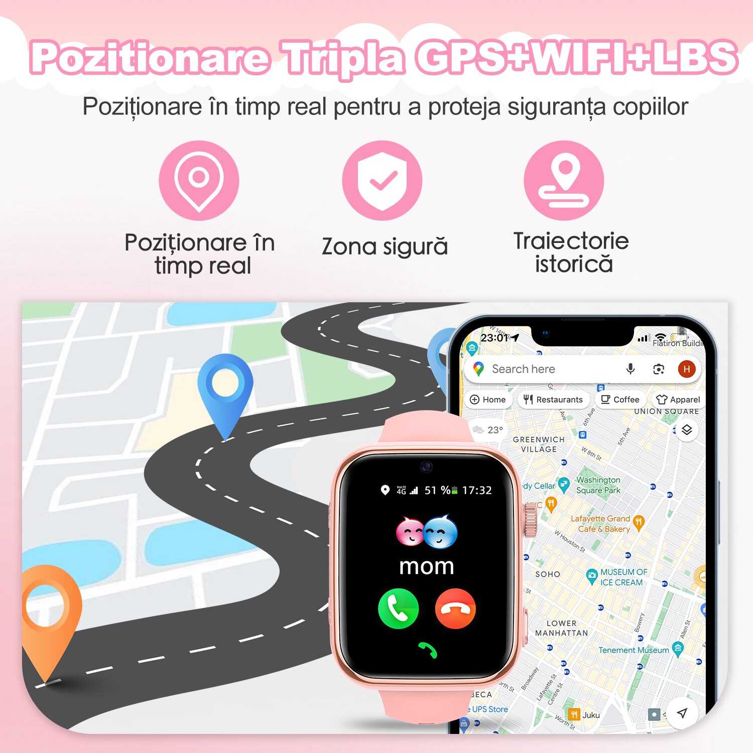 Ceas smartwatch copii 4G GPS FOSMET®, Ecran HD de 1, 83 inchi, WIF, SOS ...