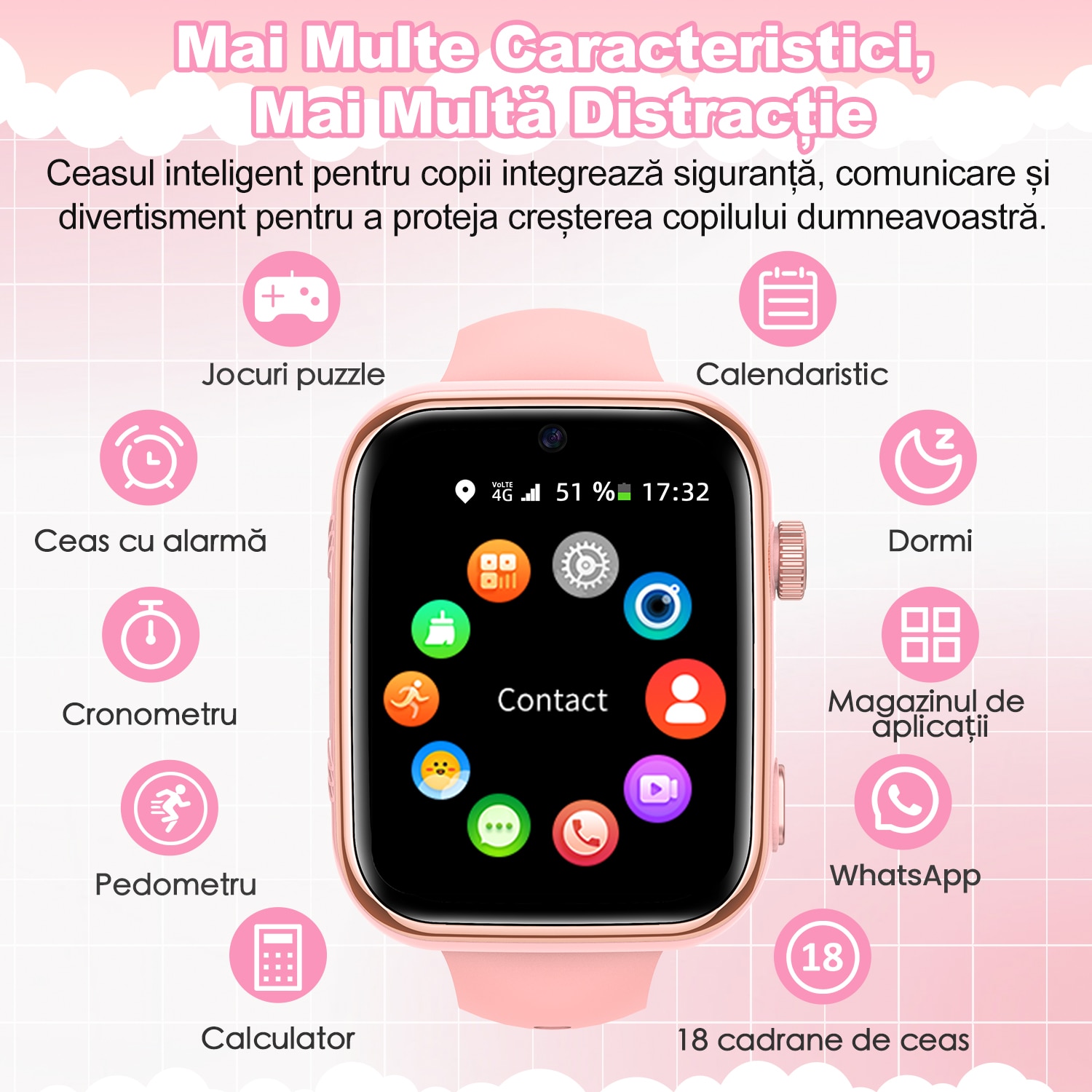 Ceas smartwatch copii 4G GPS FOSMET®, Ecran HD de 1, 83 inchi, WIF, SOS ...