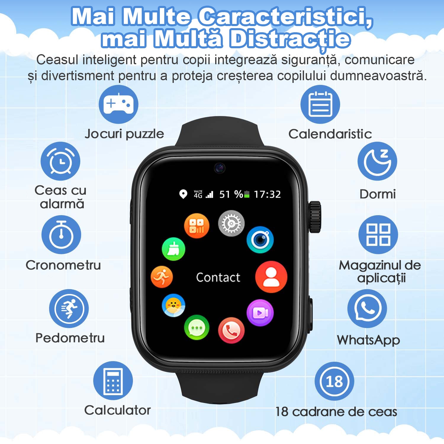 Ceas smartwatch copii 4G GPS FOSMET®, Ecran HD de 1, 83 inchi, WIF, SOS ...