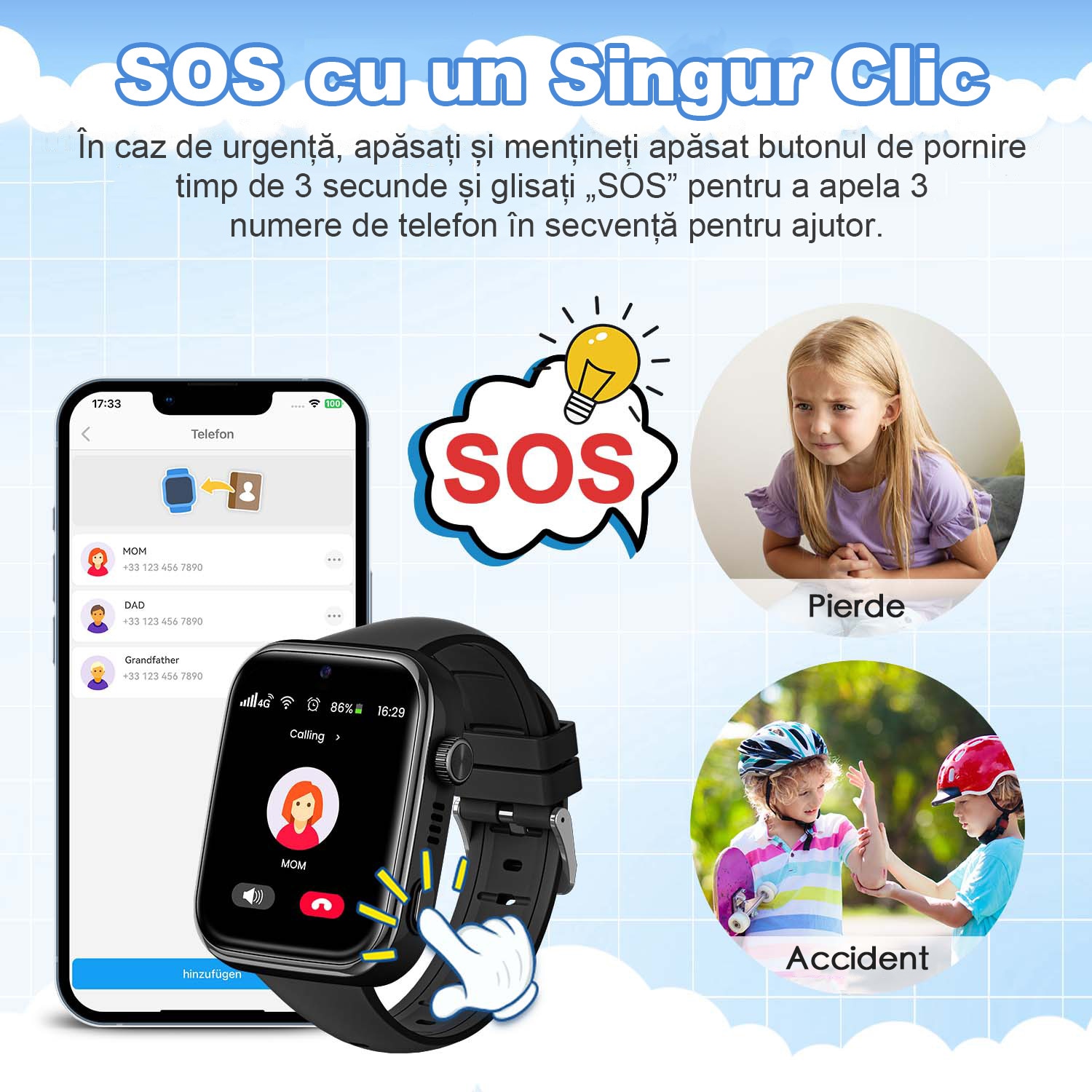 Ceas smartwatch copii 4G GPS FOSMET®, Ecran HD de 1, 83 inchi, WIF, SOS ...