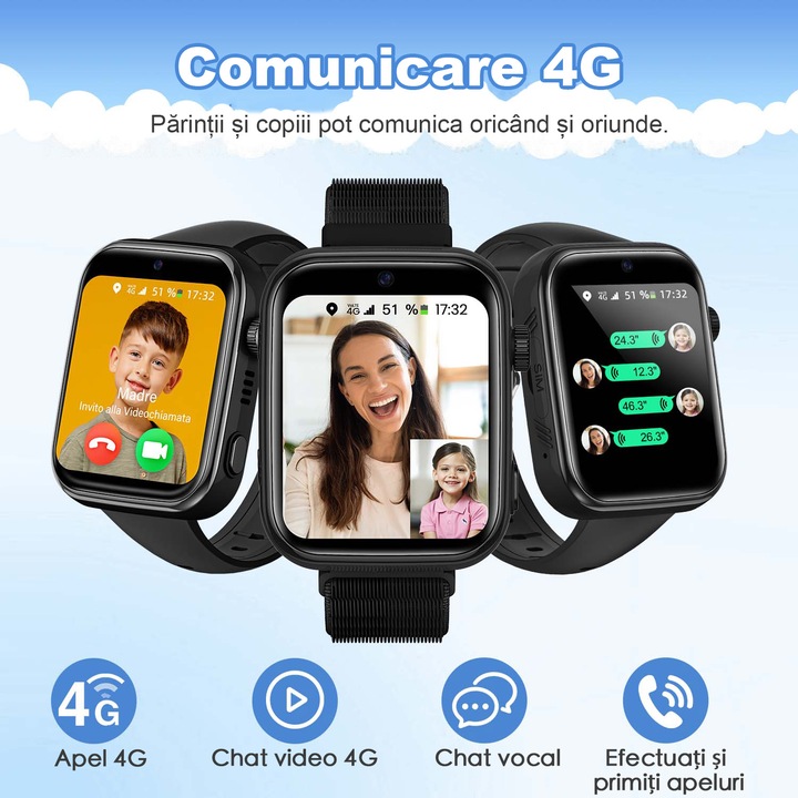 Ceas smartwatch copii 4G GPS FOSMET®, Ecran HD de 1, 83 inchi, WiFi ...