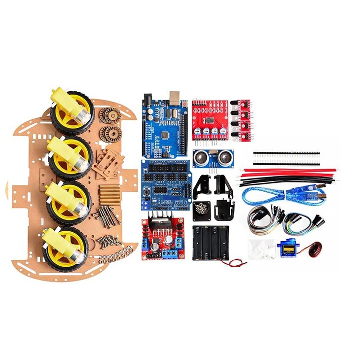 Kit Robot smart car cu sasiu 4WD cu arduino UNO R3 si senzor ultrasonic ...