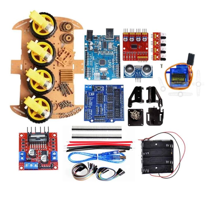 Kit Robot smart car cu sasiu 4WD cu arduino UNO R3 si senzor ultrasonic - eMAG.ro