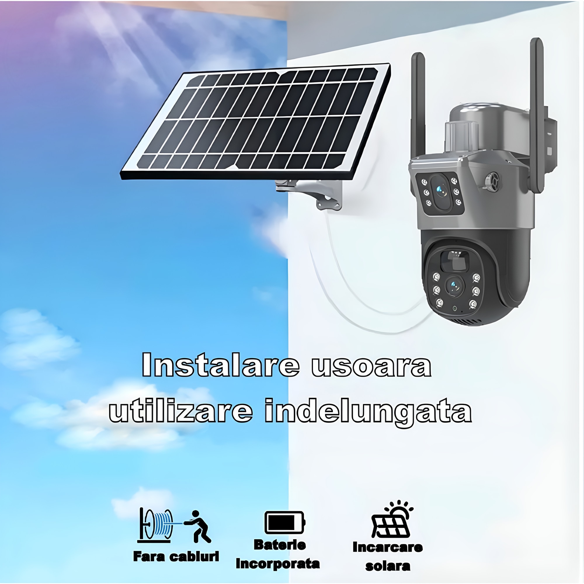 Camera de supraveghere video dubla cu Wi-Fi si Panou solar, 4K, 8MP ...