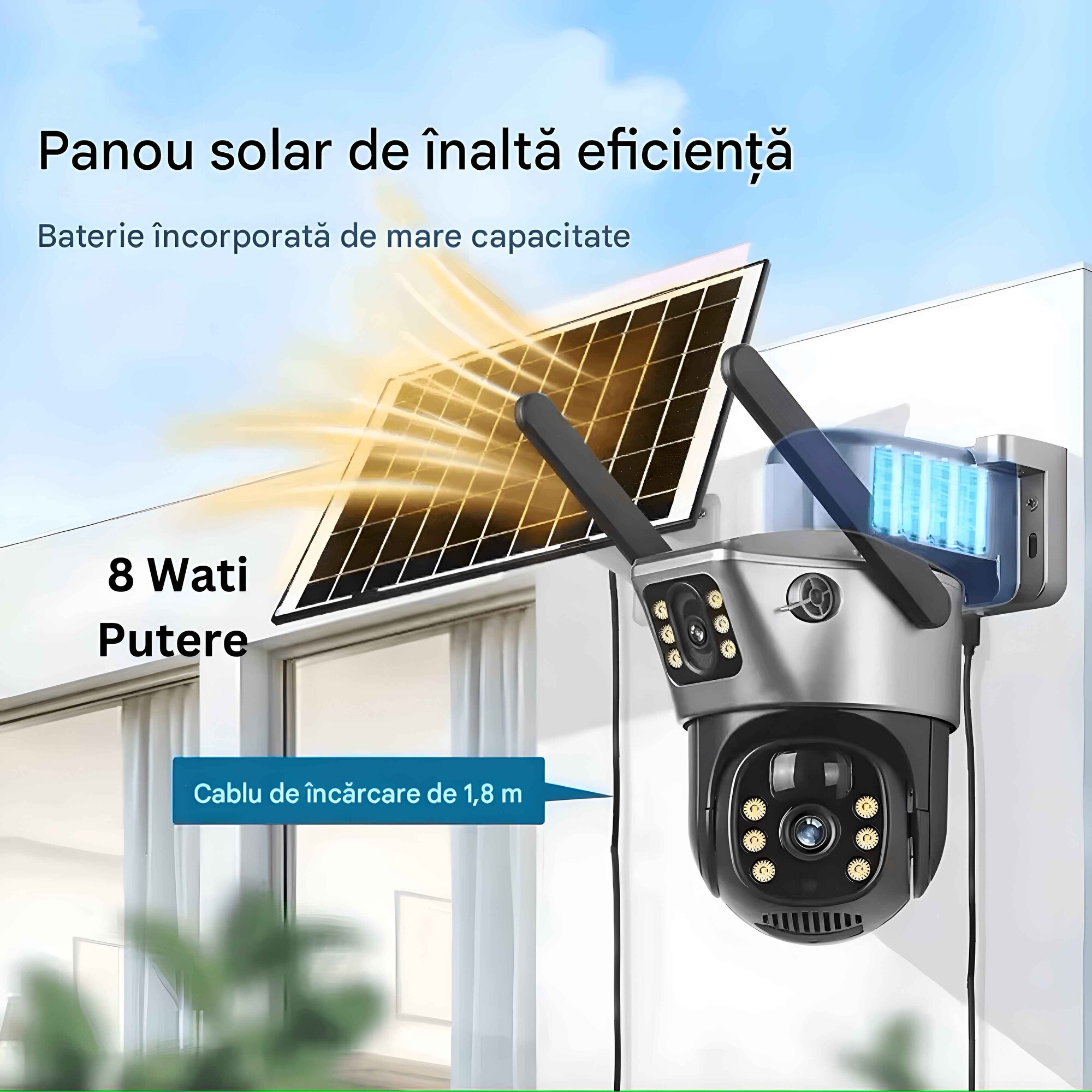 Camera de supraveghere video dubla cu Wi-Fi si Panou solar, 4K, 8MP ...