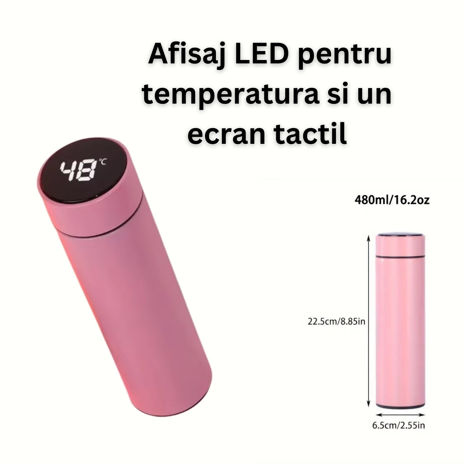 Termos inteligent MNS, 500 ml, roz, afisaj LED, ecran tactil - eMAG.ro