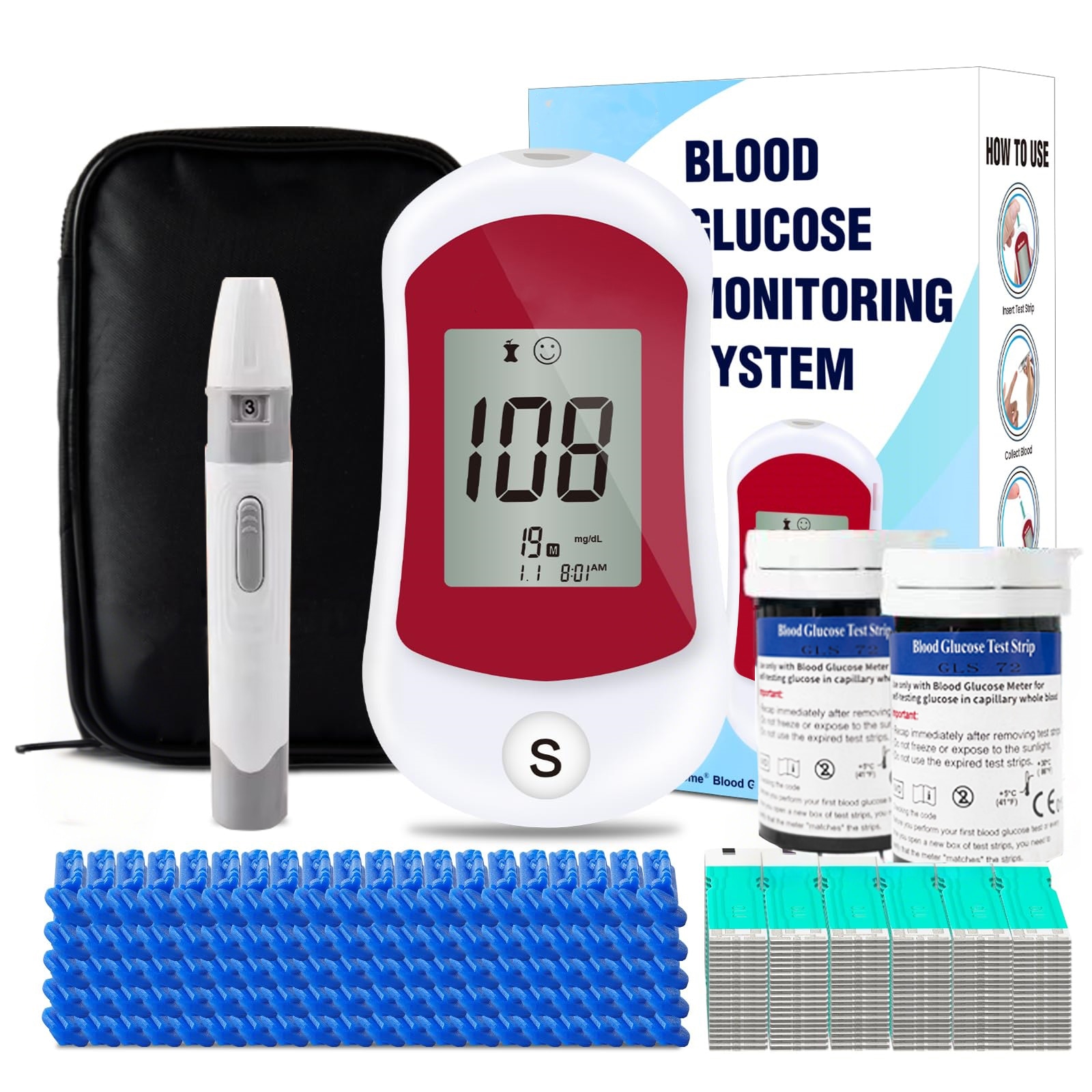 Преносим монитор за кръвна захар, SHIJOOE®, измерва нивата на кръвната захар, осигурява бързи и ...