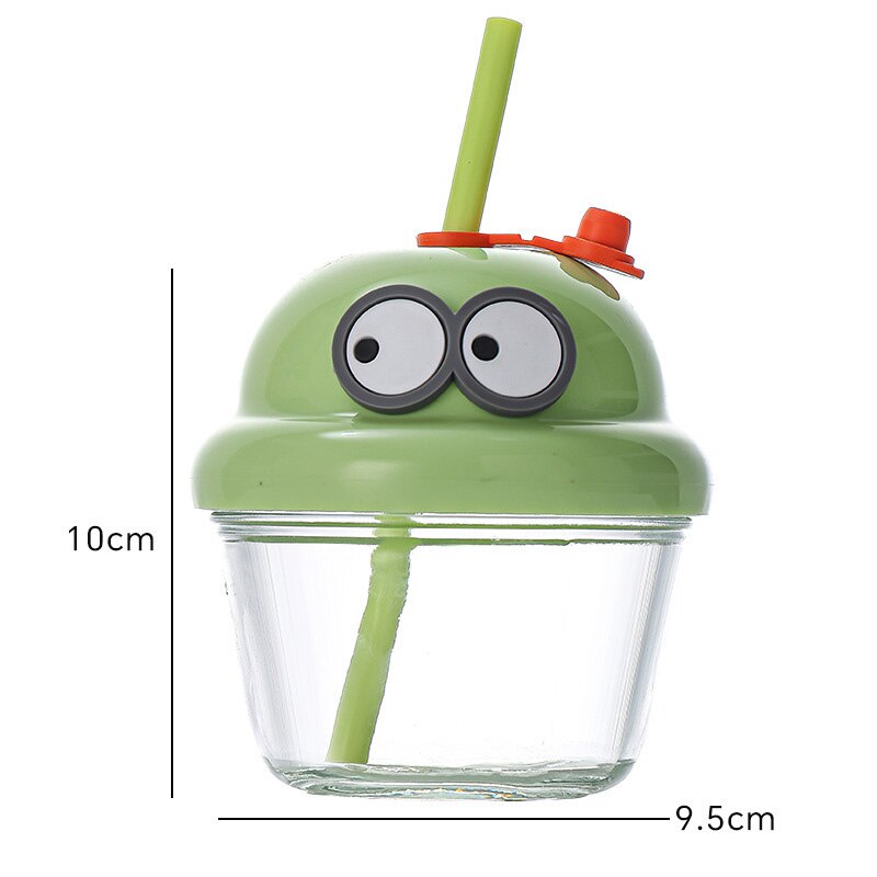 Pahar sticla plat cu tub si capac ecologic, design cartoon adorabil ...