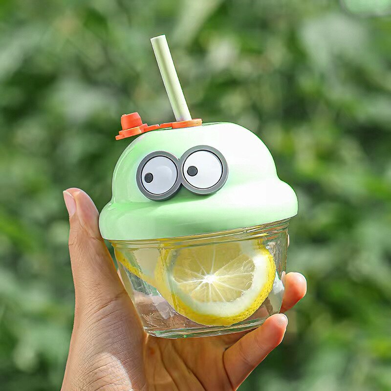 Pahar sticla plat cu tub si capac ecologic, design cartoon adorabil ...