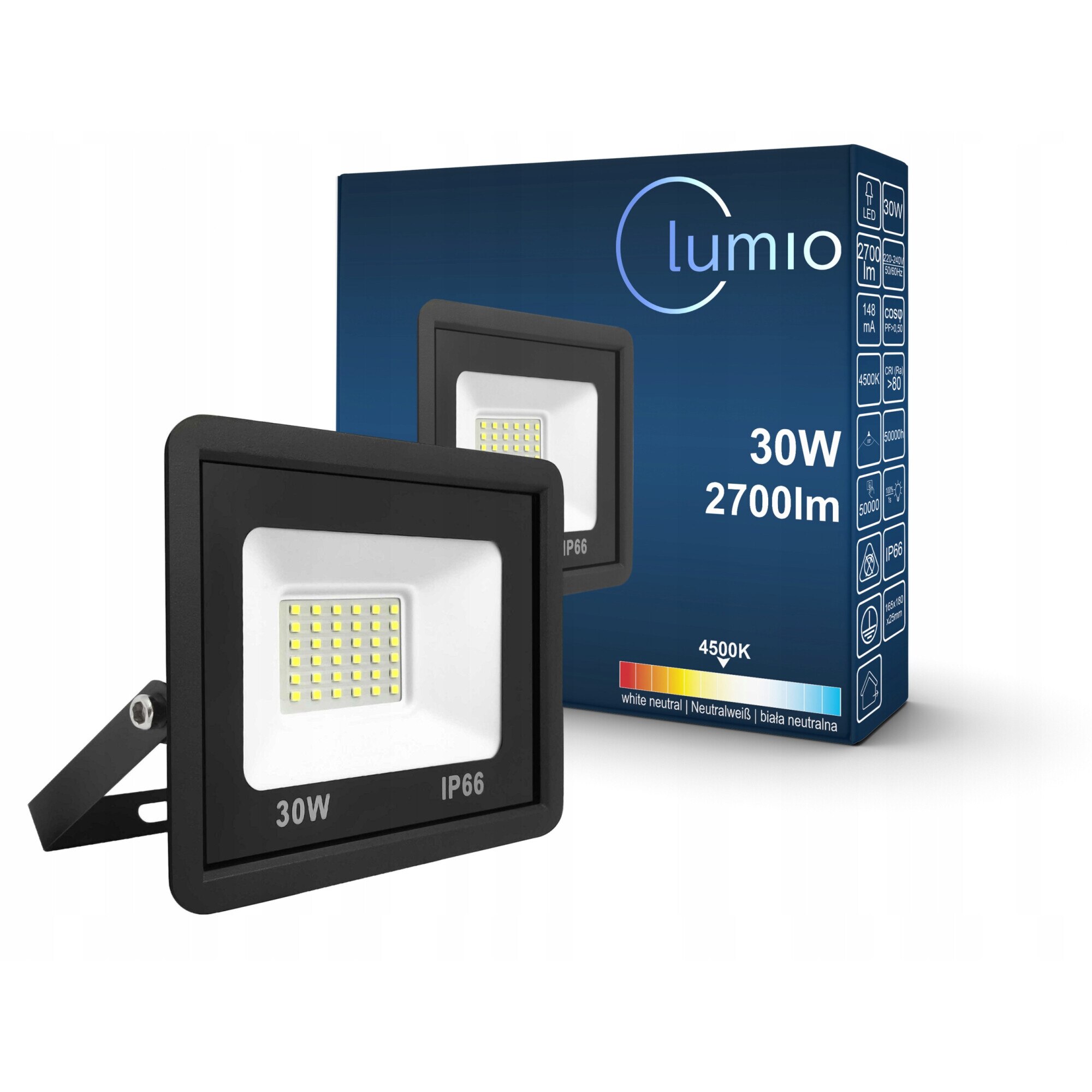 Proiector LED 30W LUMIO, 2700 lm, IP66, alb neutru 4500K, halogen LED ...