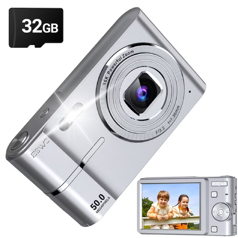 Camera foto compacta JESWO, 50MP, zoom 16x, argintie, cu card SD de ...