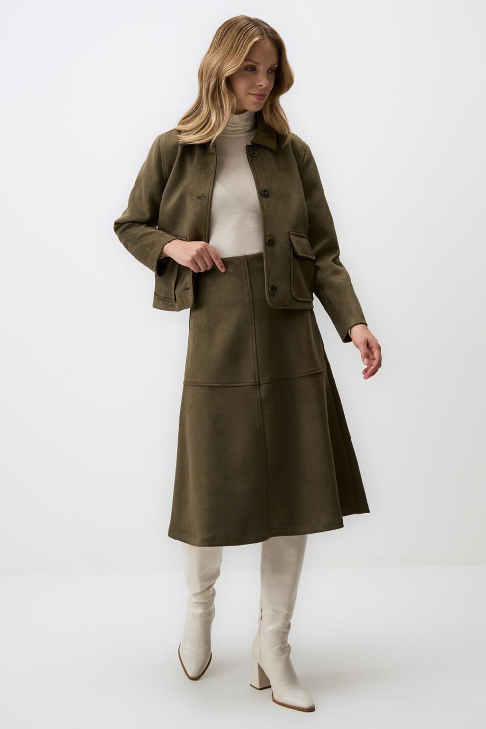 JIMMY KEY, Fusta midi evazata din amestec de lycra, Kaki, S - eMAG.ro