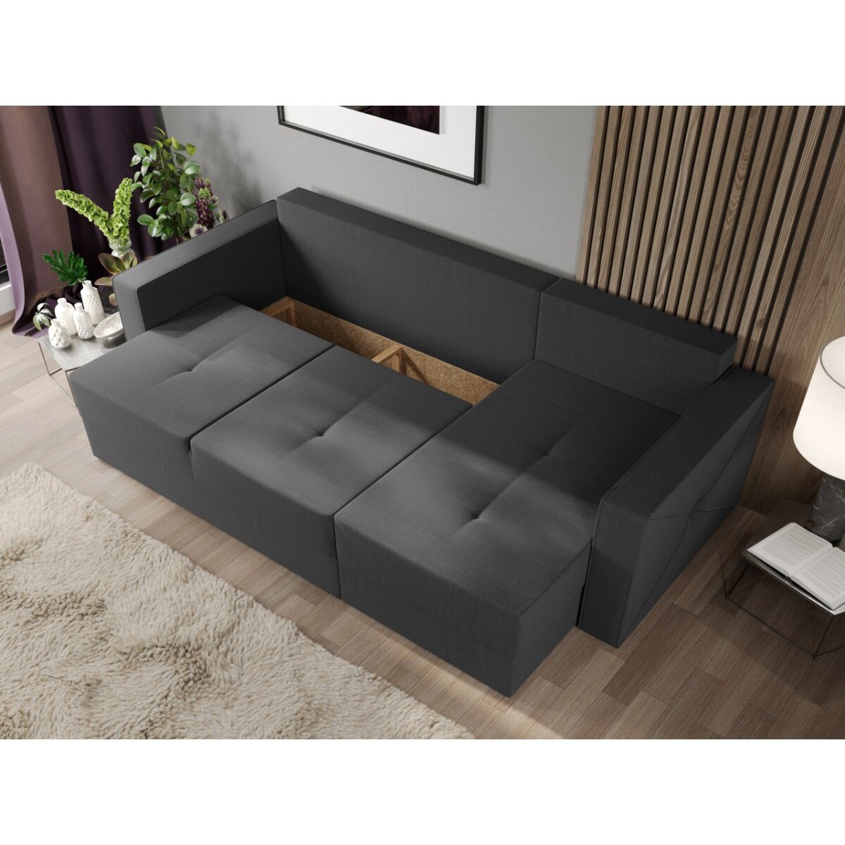 Coltar Sofia, extensibil, cu lada depozitare, stofa, 240 x 137 x 85 cm, Gri Antracit - eMAG.ro