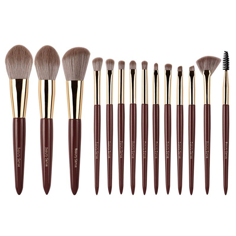 Set pensule machiaj 14 piese, fibre sintetice, Cu recipient, Maro ...