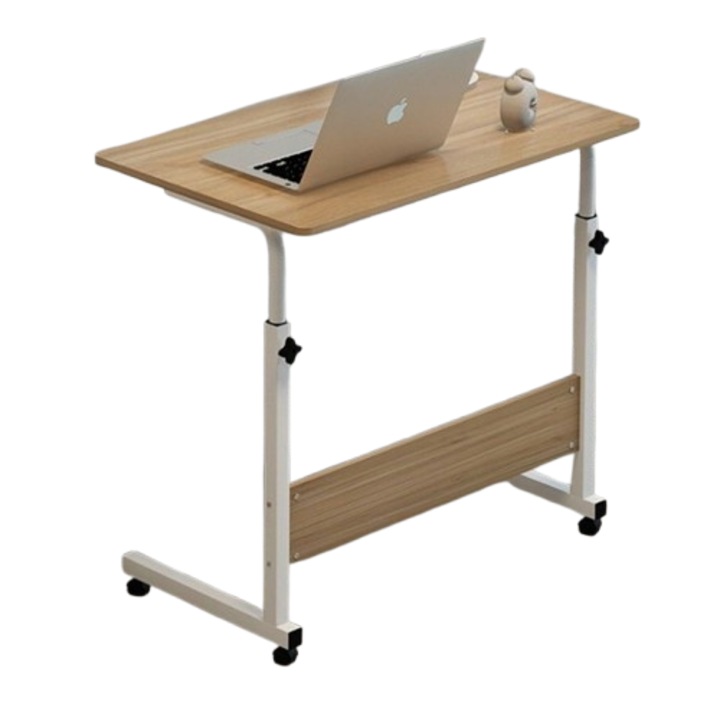 Masa laptop reglabila cu blat din lemn, mini birou cu roti, ajustabila ...
