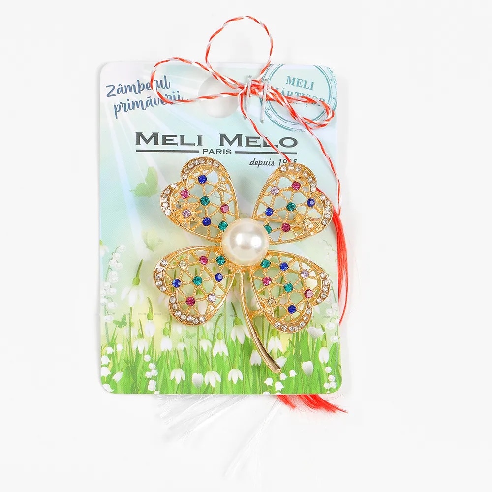 Brosa martisor trifoi auriu cu pietre colorate, Meli Melo Paris - eMAG.ro