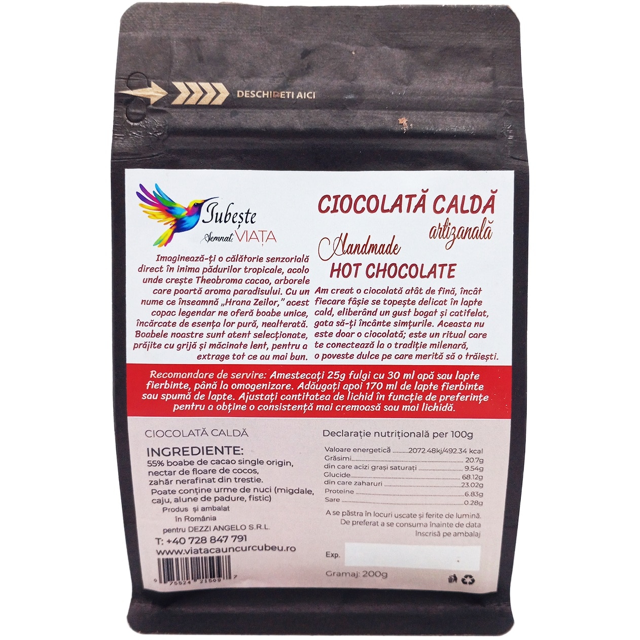 Ciocolata calda pura artizanala vegana cu 55% cacao "Iubeste" 100 ...