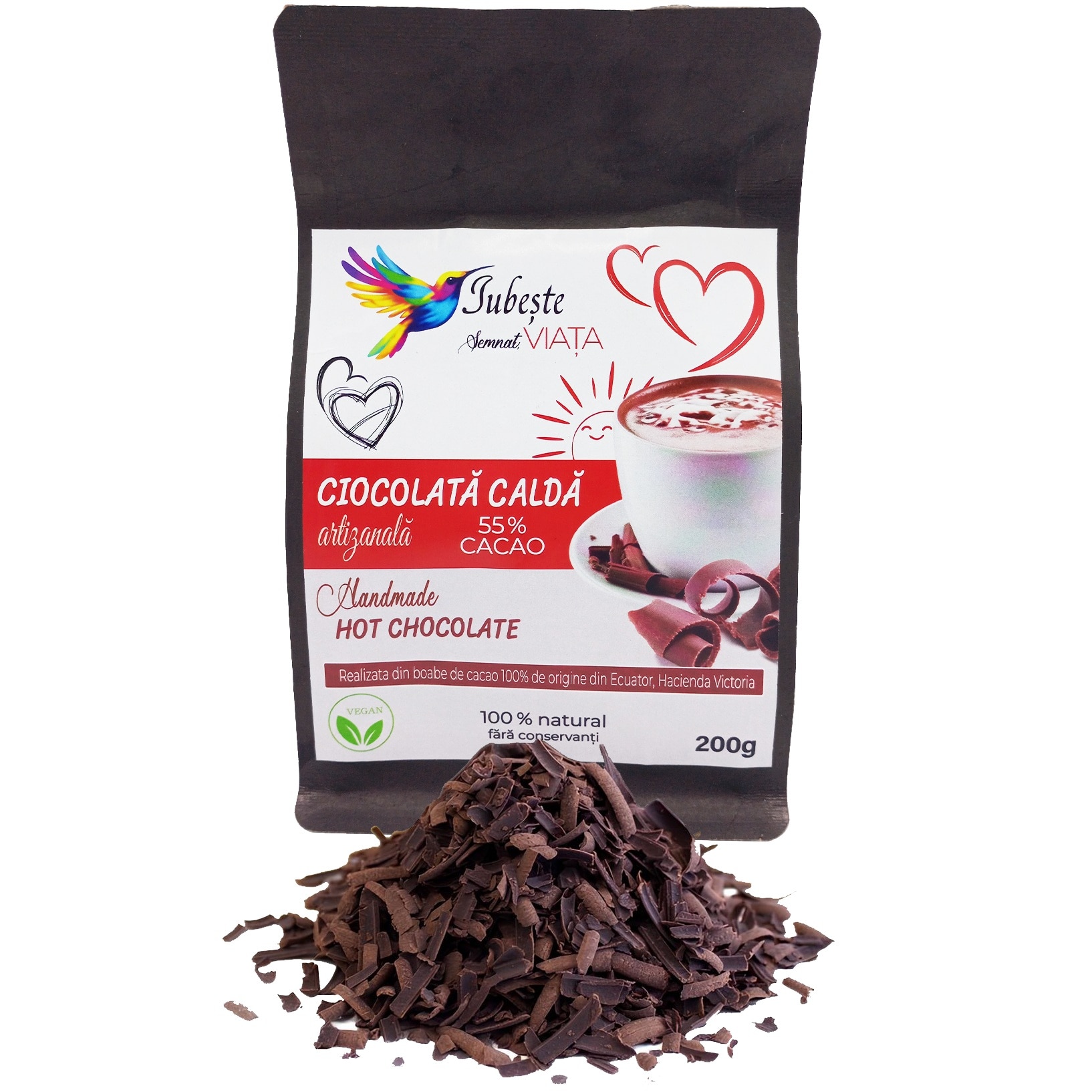 Ciocolata calda pura artizanala vegana cu 55% cacao "Iubeste" 100 ...