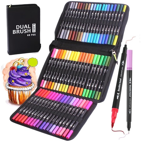 Set de Markere Colorate, 60 Bucati, Varf Dublu, Pensule si Ascutite ...